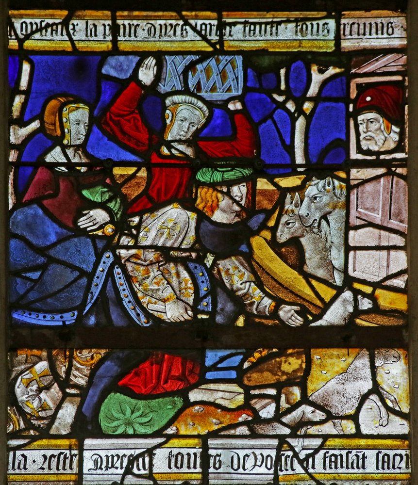 Window depicting Noah and the Ark: loading the ark