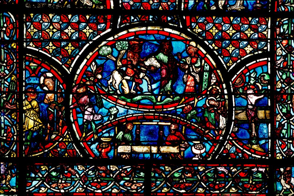 Window depicting the Good Samaritan and the Guild of Weavers