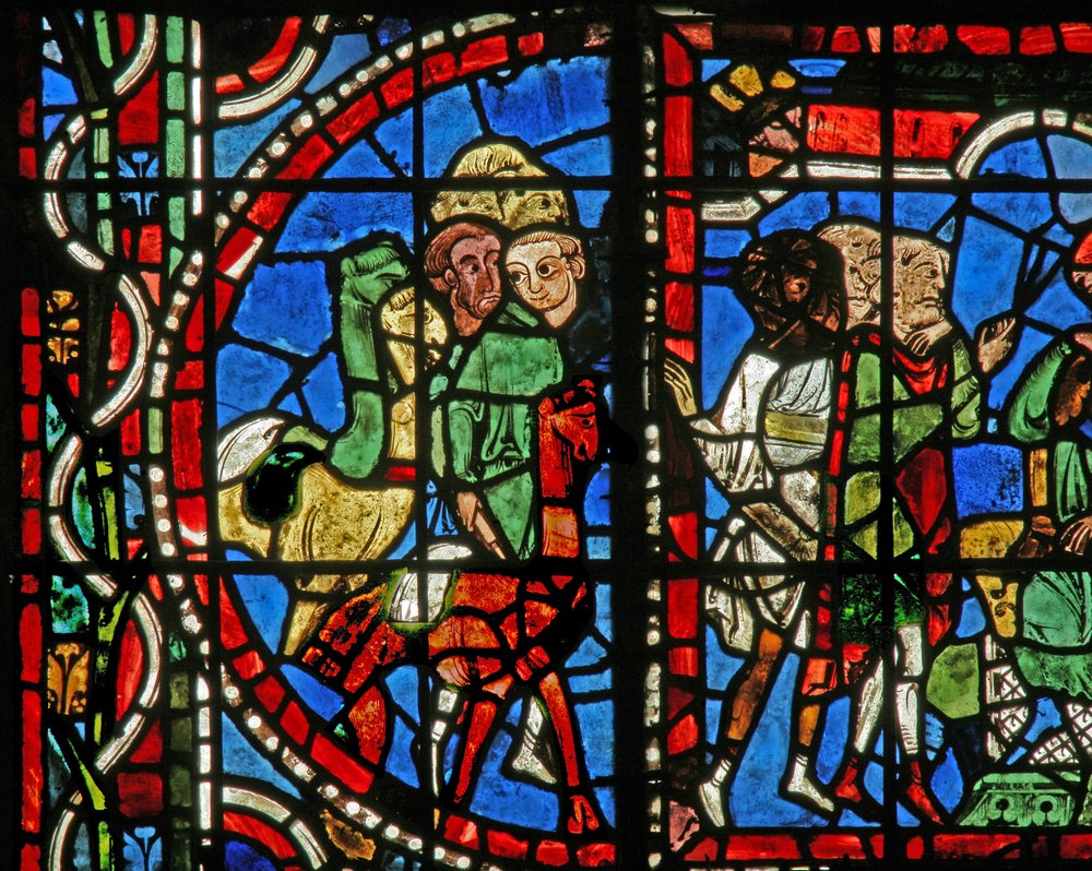 Window depicting a scene from the story of Joseph: his brothers beg ...