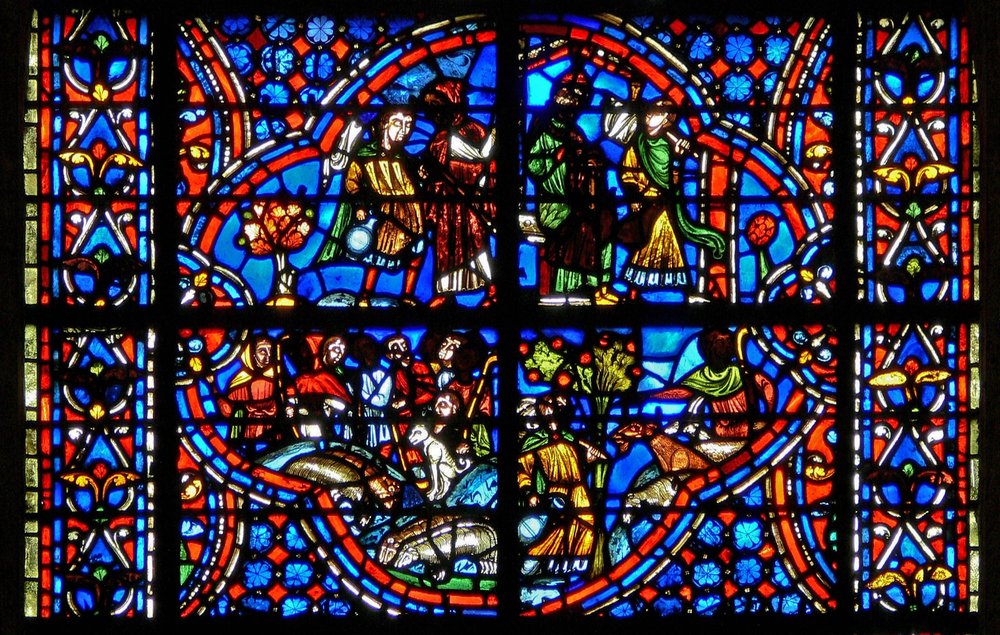 Window depicting scenes from the story of Joseph: Jacob sends Joseph to ...