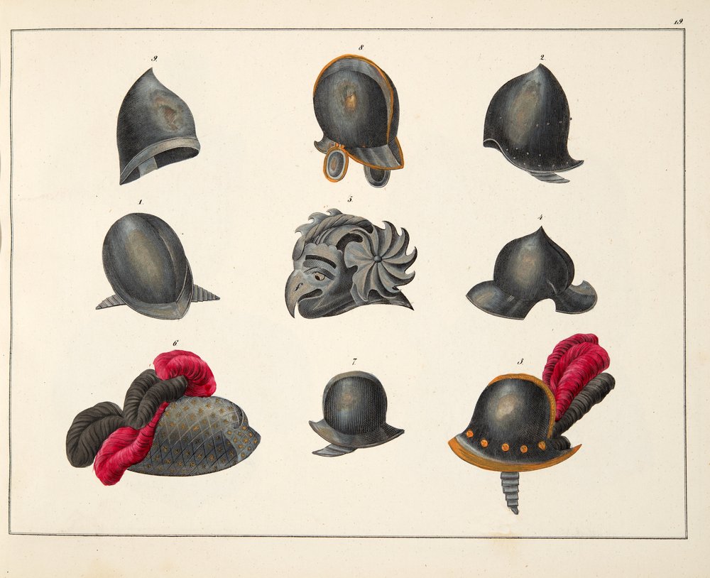 Helmets, plate from 'A History of the Development and Customs of ...