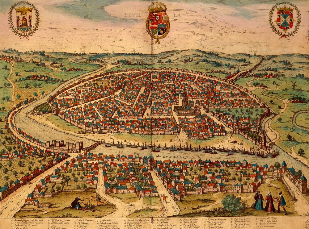 View of Seville, color engraving from Civitates Orbis Terrarum by Georg ...