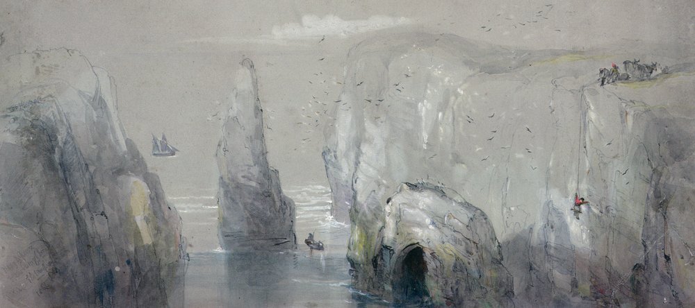 View of Flamborough Head, Showing a Group of Men Gathering Gulls' Eggs
