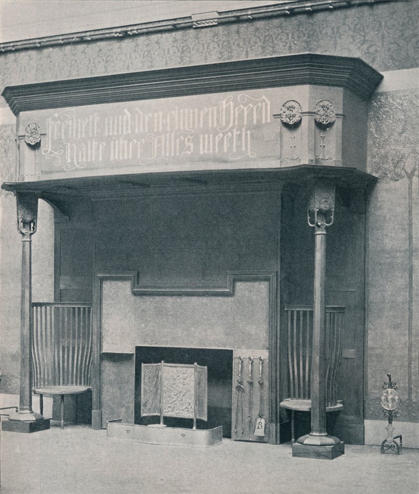 Fireplace designed by C. Harrison Townsend with carving designed and ...