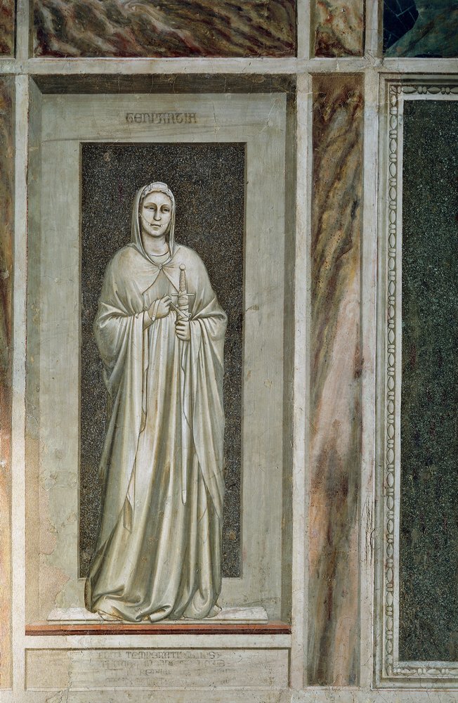 Temperance, gentle figure with sword tied to its scabbard and a bridle ...