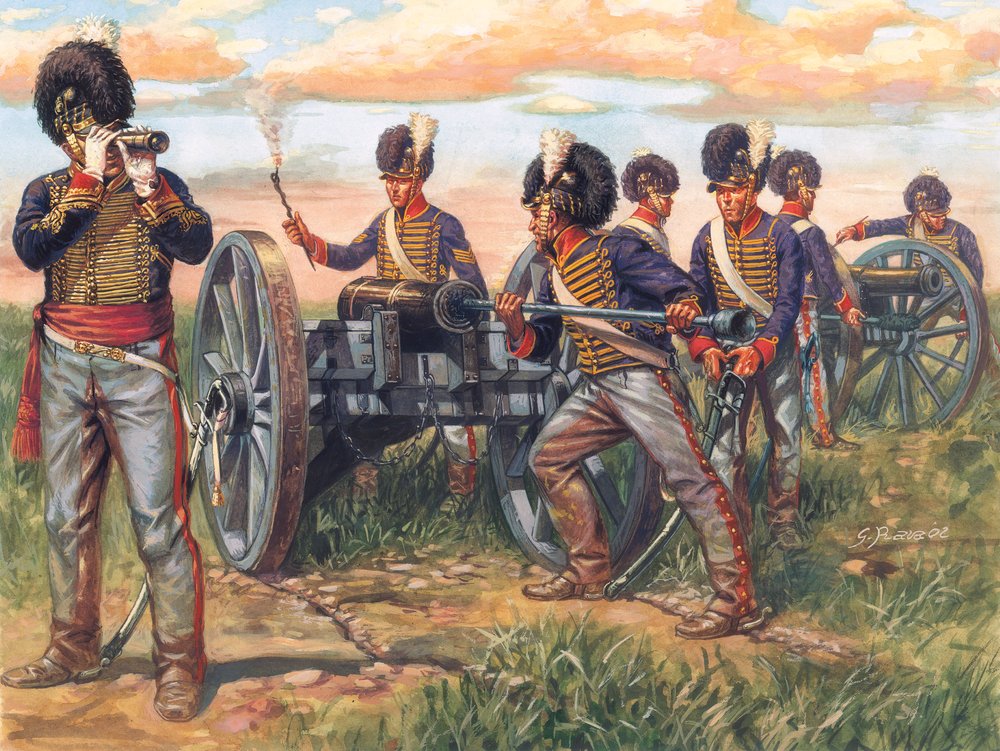 First Empire: English Artillery Soldiers Loading a Cannon at the Battle of Waterloo in 1815