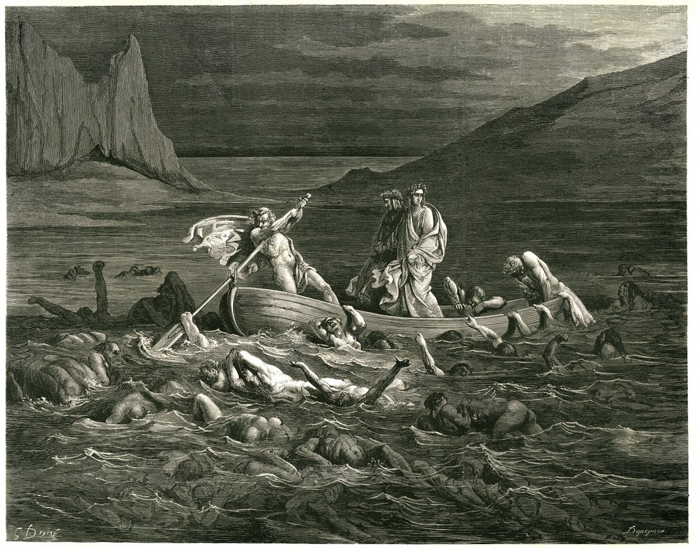 Dante and Virgil sail, led by the Nocher Phlegyas, on the Styx in which ...