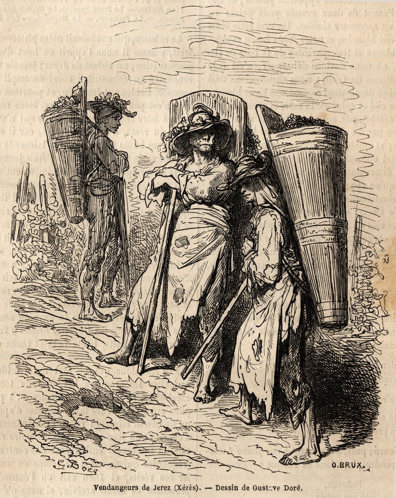 The pickers of Xeres. Drawing by Gustave Dore, to illustrate his trip ...