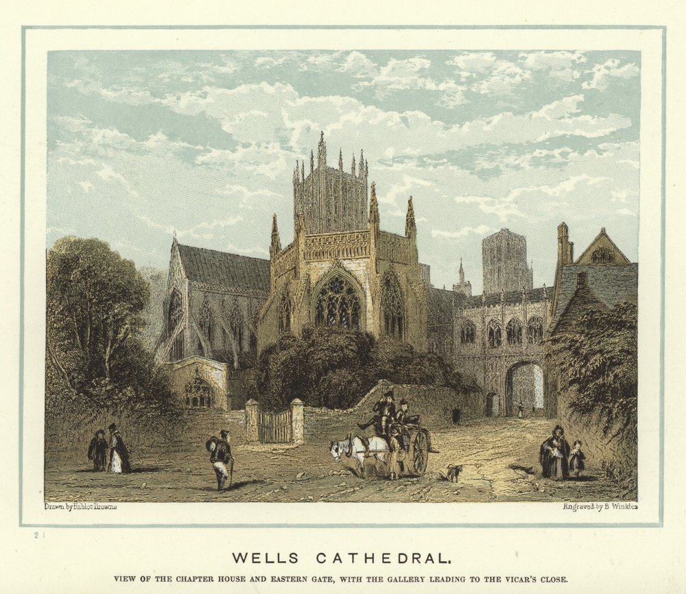 Wells Cathedral, view of the chapter house and eastern gate, with the ...