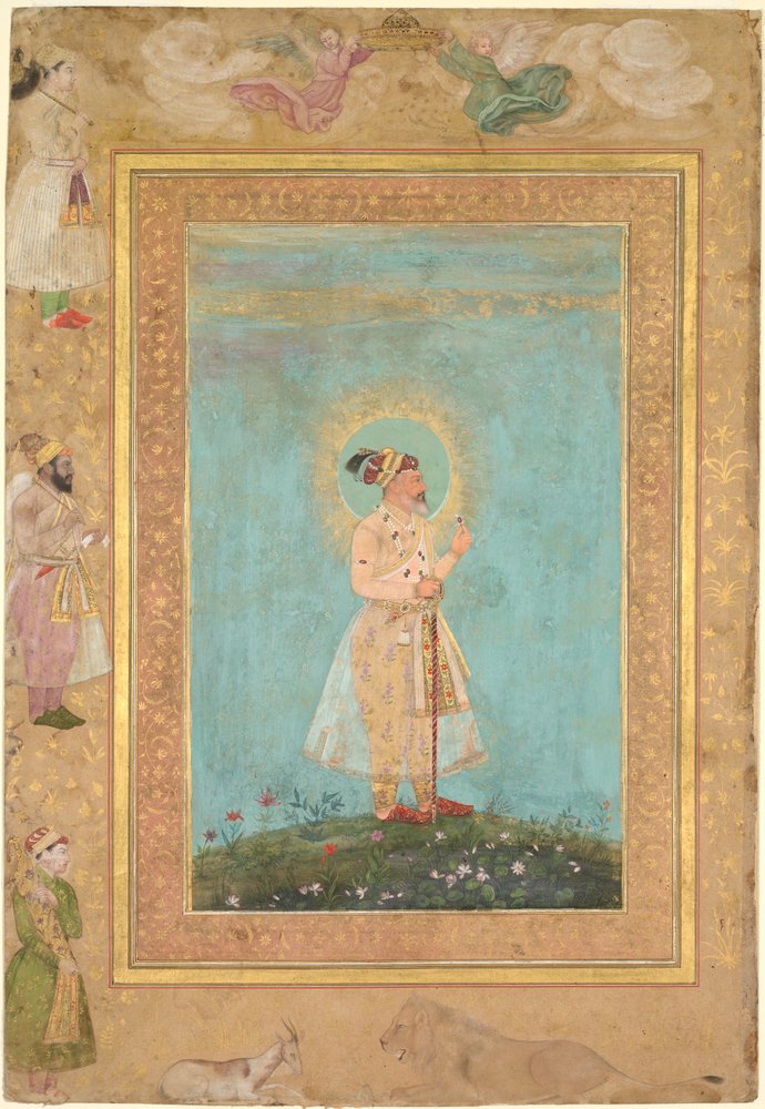 Shah Jahan holding a spinel and a long Deccan sword, from the Late Shah ...