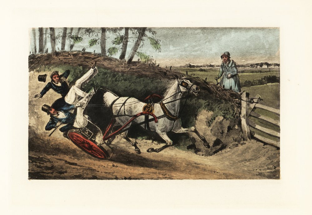 Victorian English gentlemen thrown from a one-horse gig