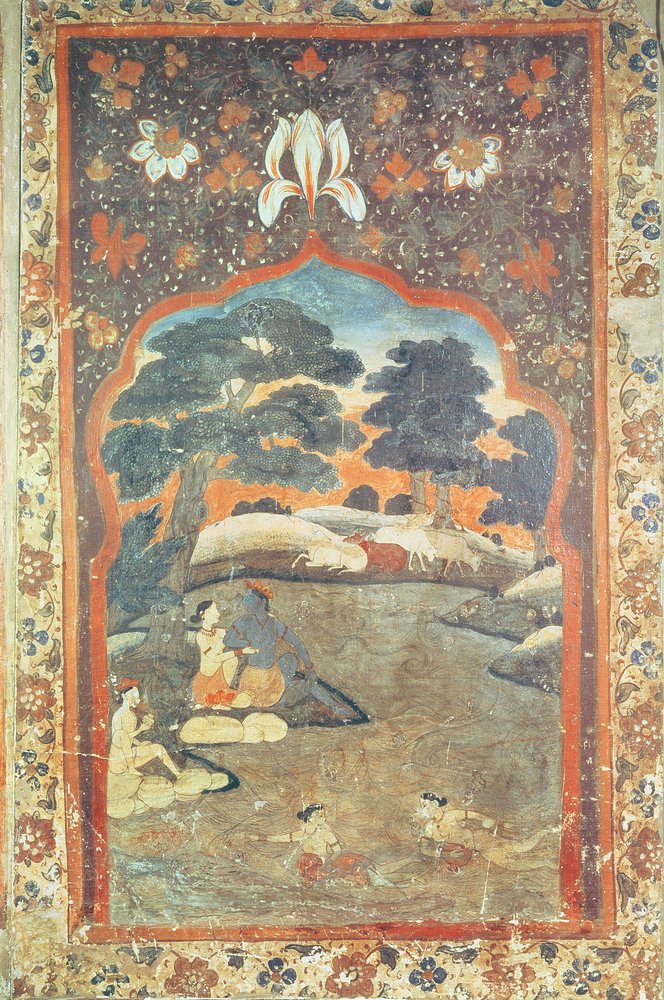 Krishna and Radha Beside a River, Pahari School