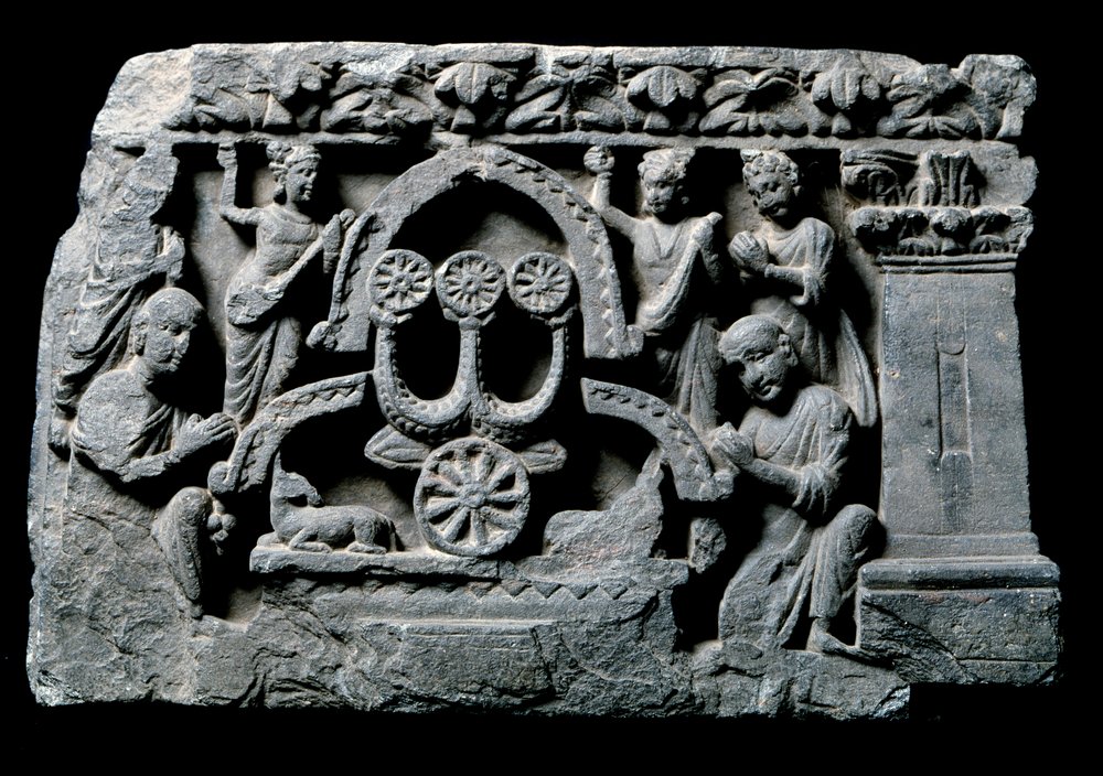 Art of Gandhara: Buddha in prayer, the miracle of Sravasti. Relief of ...