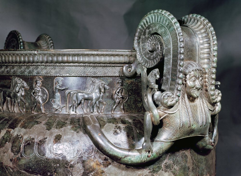 Detail of the gorgon handle from a krater, from the Tomb of a Princess ...