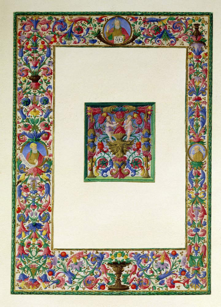 Decorative border with God the Father and two prophets and a ...