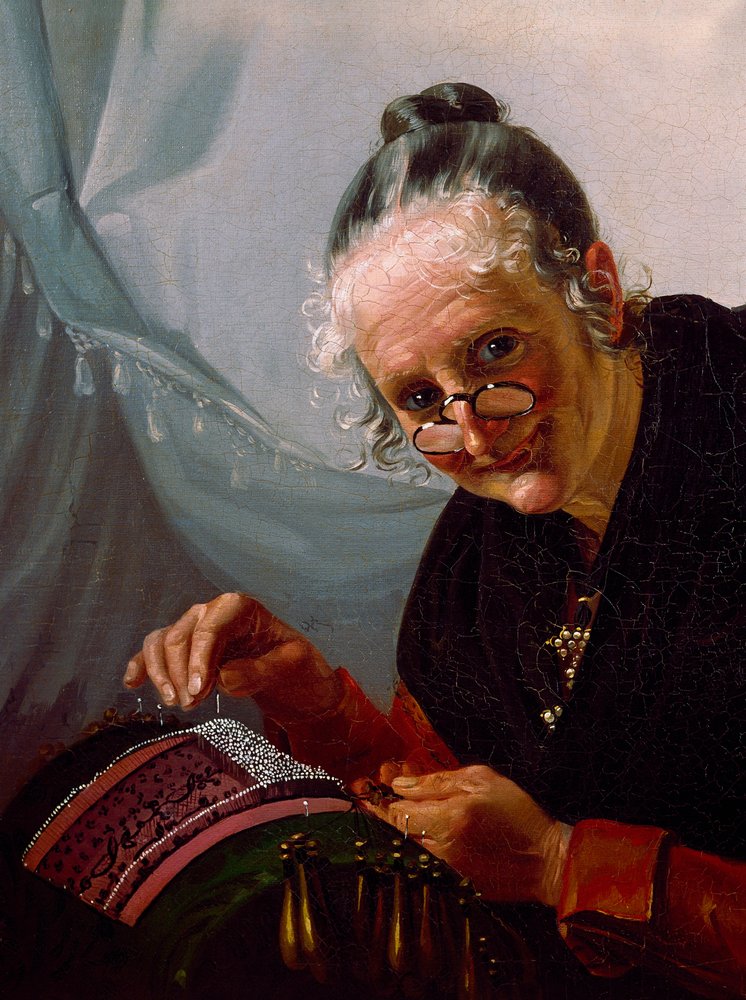 Portrait of an old woman smiling with a pair of lorgnons in front of ...