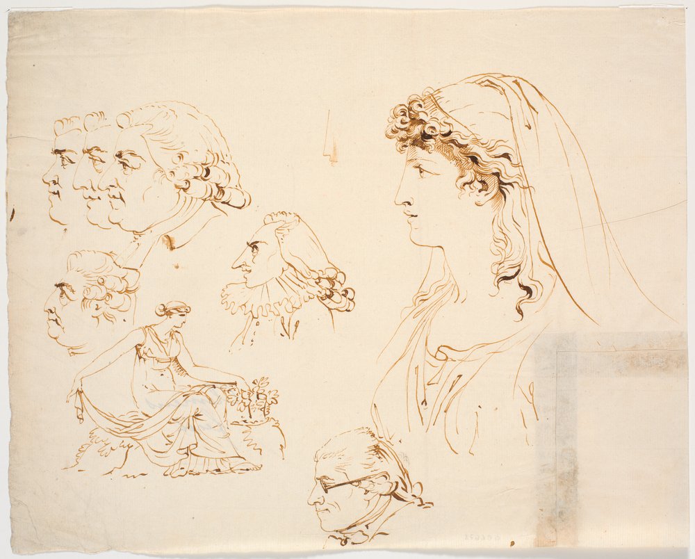 Six Male and One Female Profile Head and Woman in Classical Dress ...