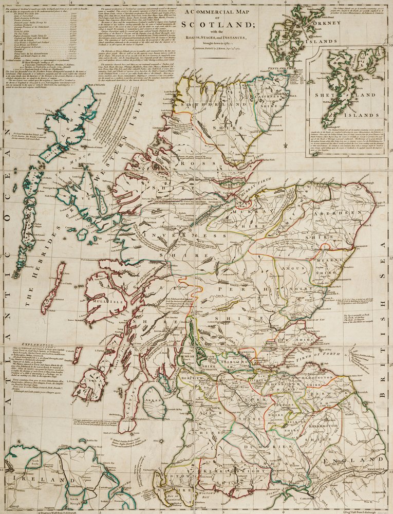 A commercial map of Scotland with the roads, stages and distances