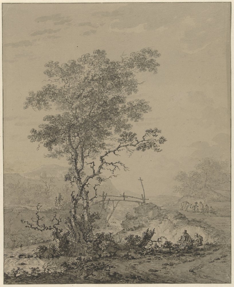 Mountainous Landscape with a Tree by a River, a Bridge, and Some Figures