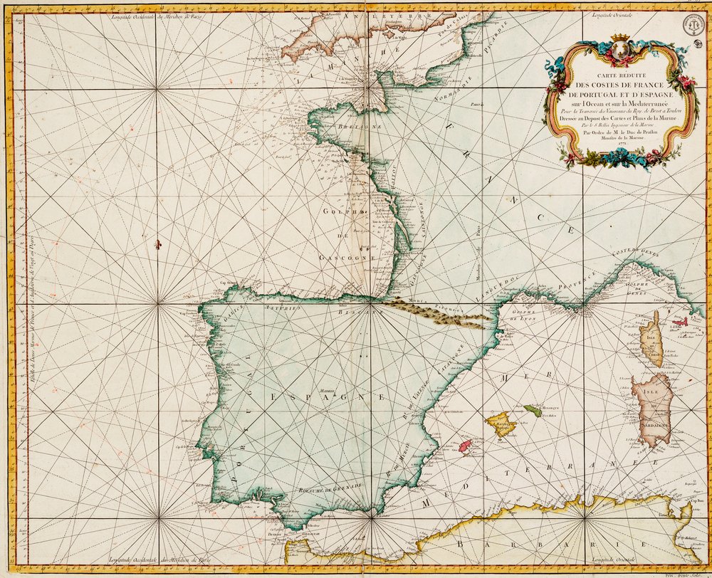 Chart of western Europe showing Paris meridian as the Prime