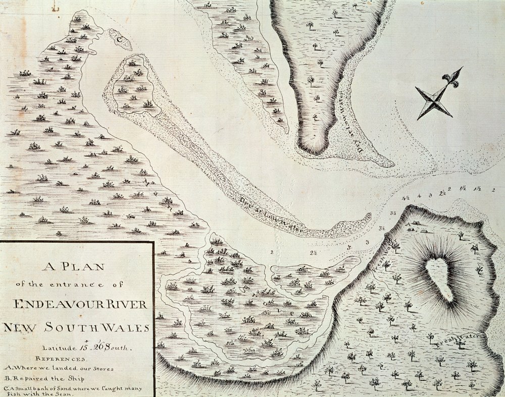 Map of entrance of Endeavour River, map from account of first trip led ...