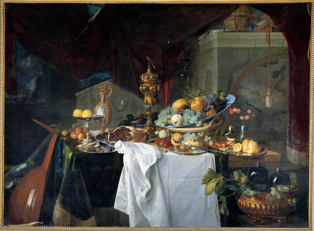A still life table dessert covered with dishes with musical instrument ...