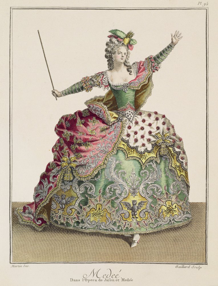 Costume for Medea in the opera 'Jason and Medea', engraved by Rene Gaillard