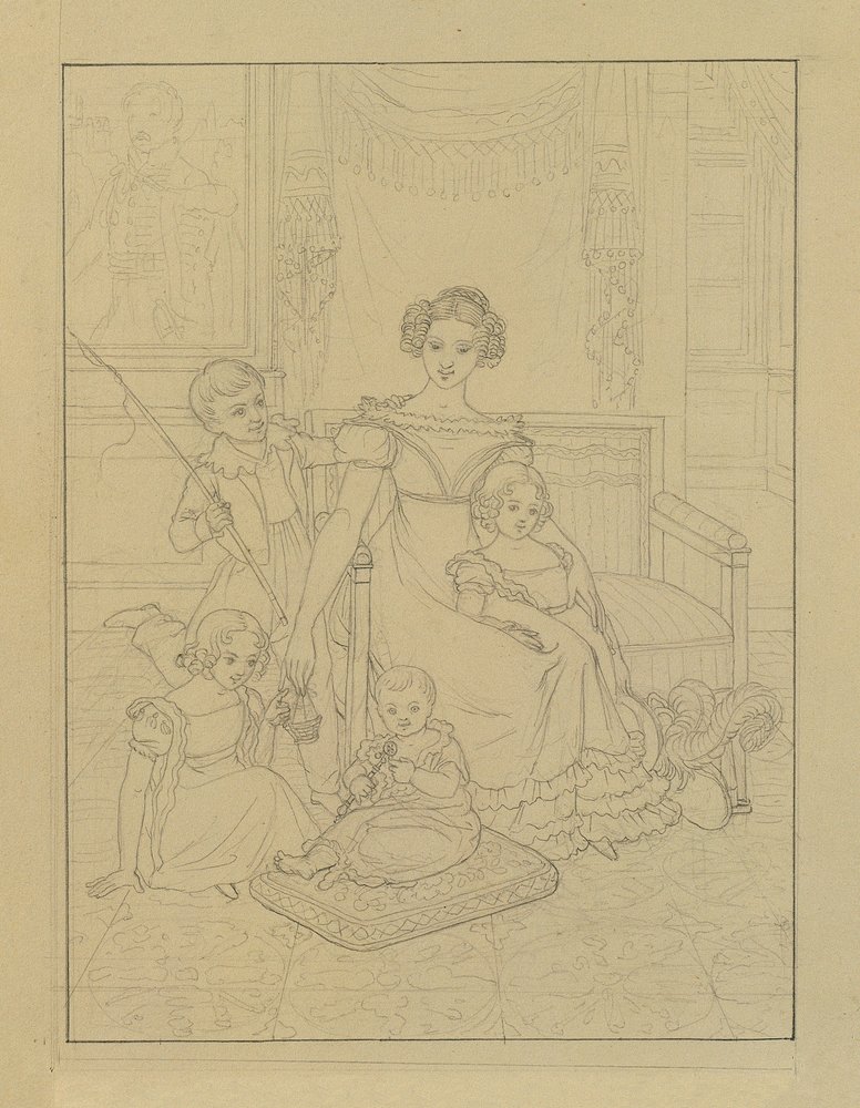 Contour Drawing of a Mother with Four Children
