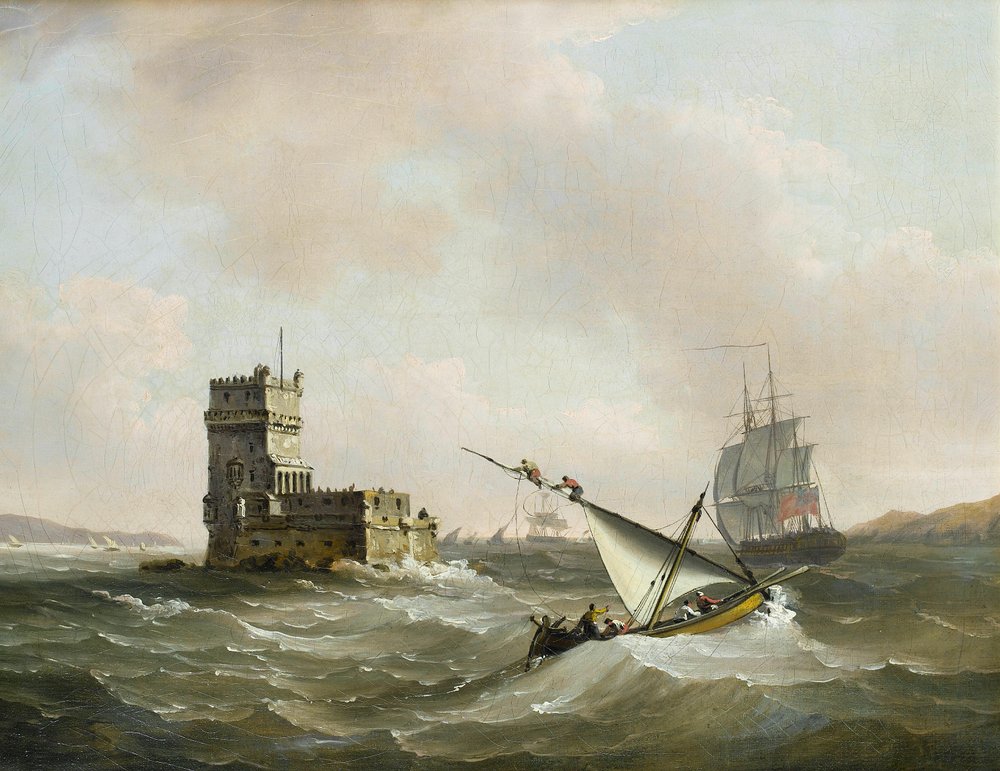 An English Frigate in Choppy Waters in the Tagus Passing the Belem Tower