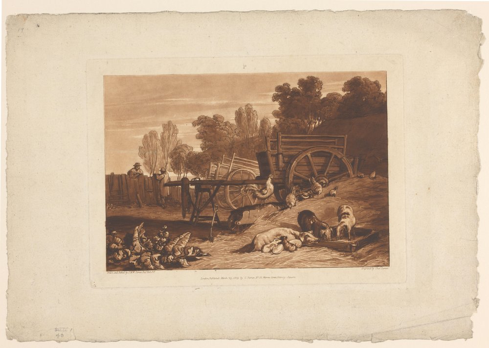 Farmyard with Rooster, Chickens, and Pigs