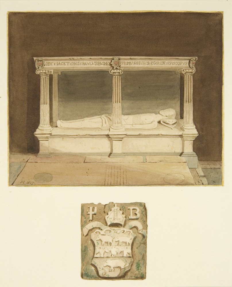 Tomb of Bishop Paul Bush and coat of arms in Bristol Cathedral