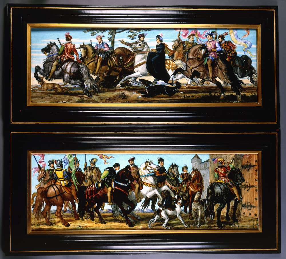 A pair of pottery wall plaques depicting medieval scenes of huntsmen ...