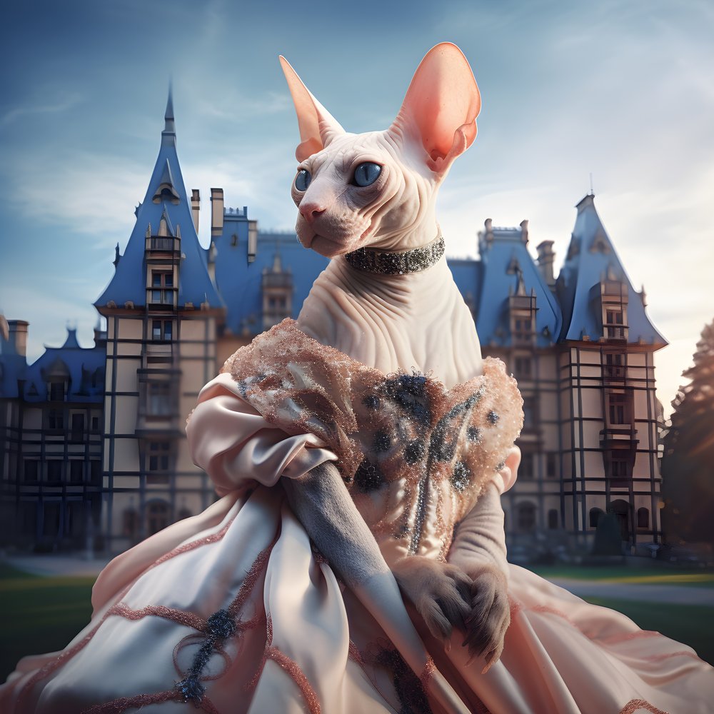 Sphynx Cat in a Ball Gown in Front of a Magnificent Palace in Medieval ...