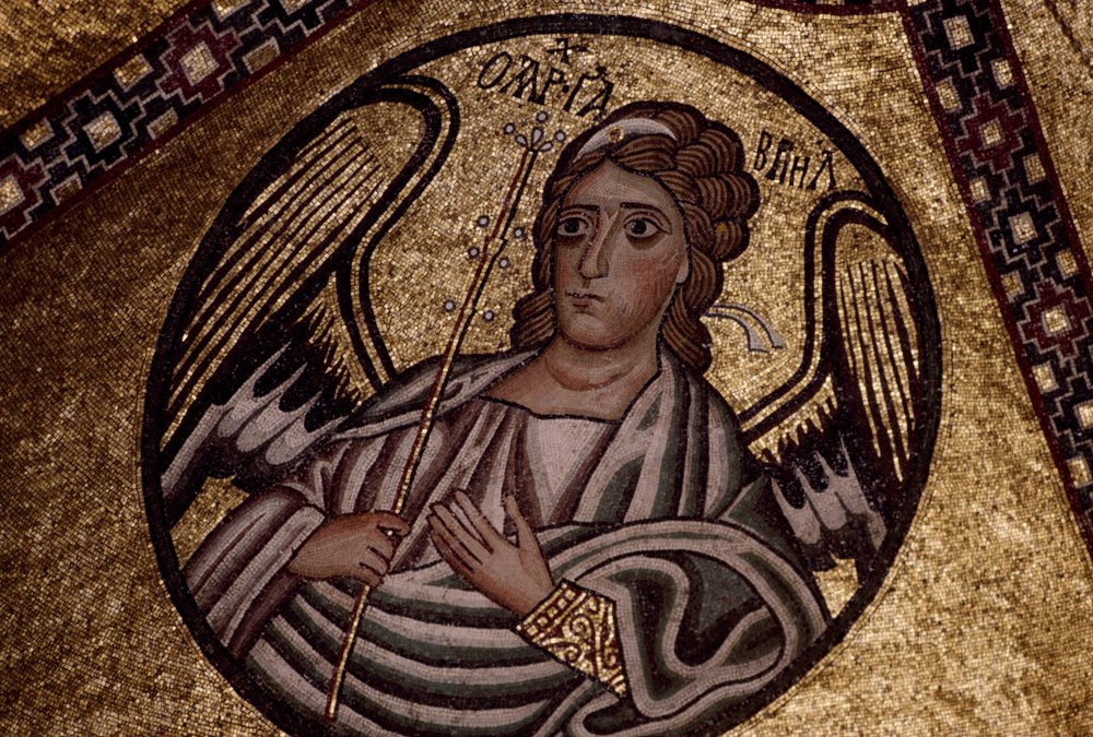 Figure of an angel, mosaic inside Hosios Loukas Monastery, Greece ...