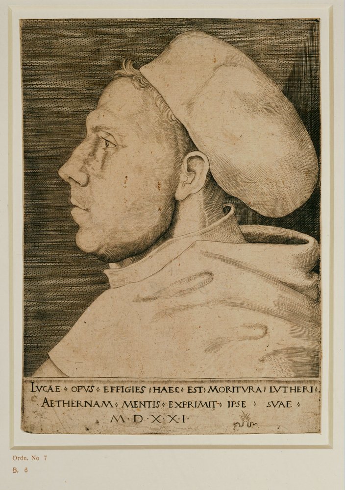 Martin Luther with doctor's cap. Engraving