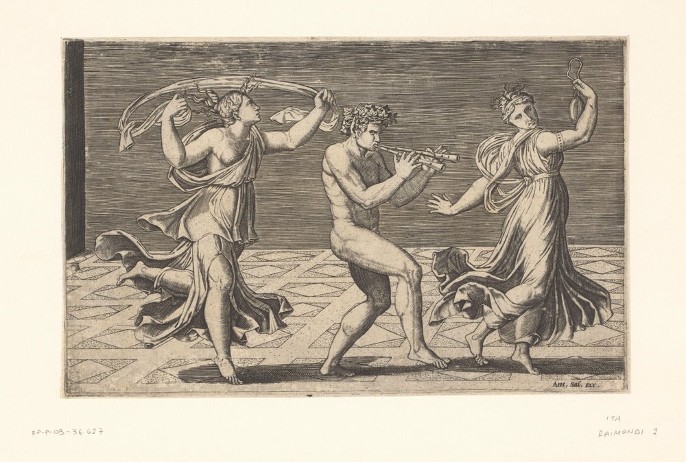 Dancing Satyr and Maenads by Marcantonio Raimondi
