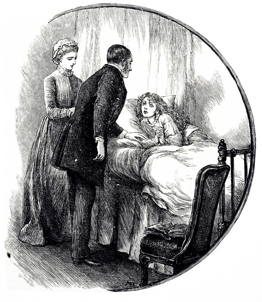 An engraving depicting a doctor visiting his young patient at home ...