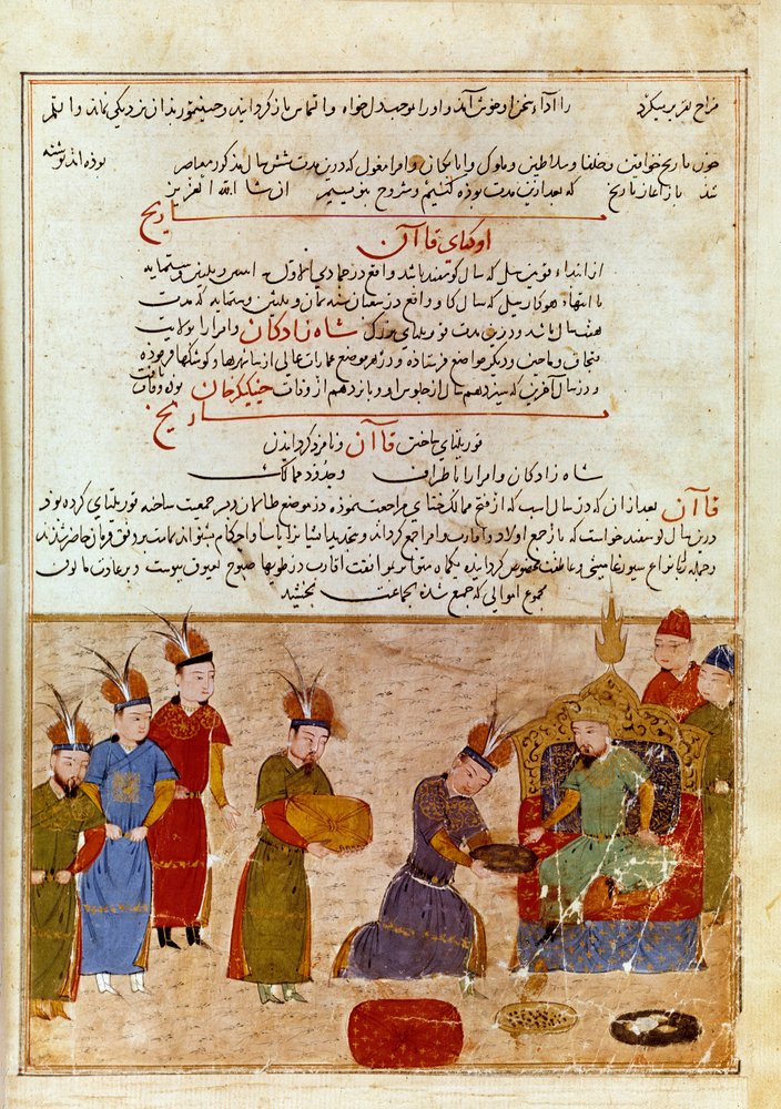 Representation of Ogodei Khan, son of Genghis Khan. Persian miniature ...
