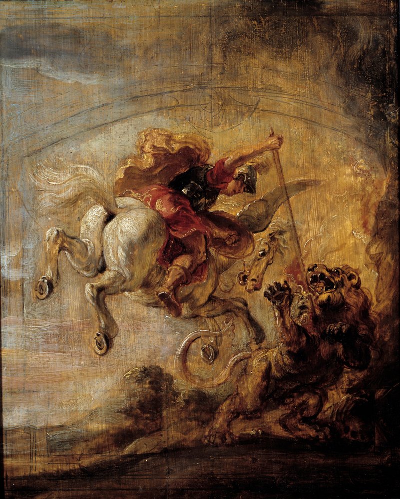 Bellerophon climbs on Pegasus through his spear the chimera