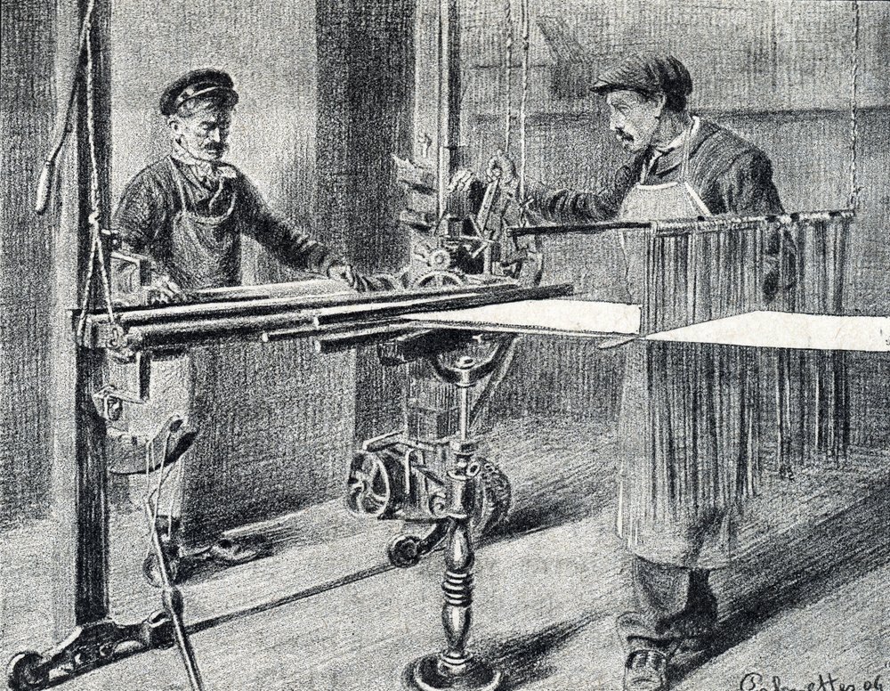 Silk workshop: the preparation of the chain at the folder Engraving ...