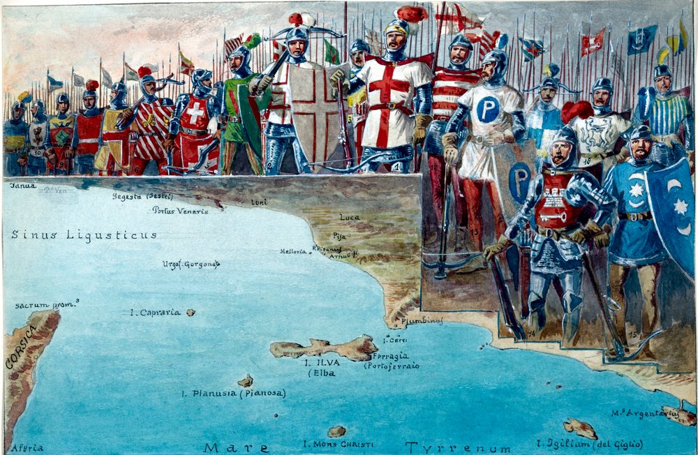 Map of the Battleground of the Battle of Meloria in 1284, with the ...