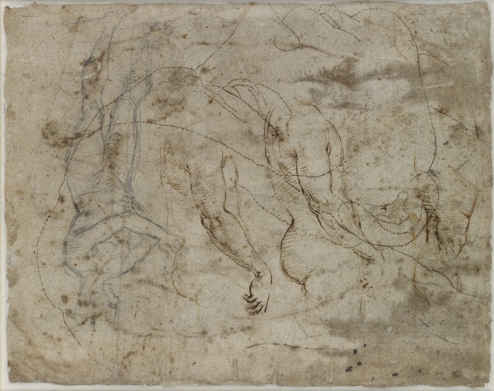 Two Studies of Arms, a Profile Looking Upwards and a Standing Figure