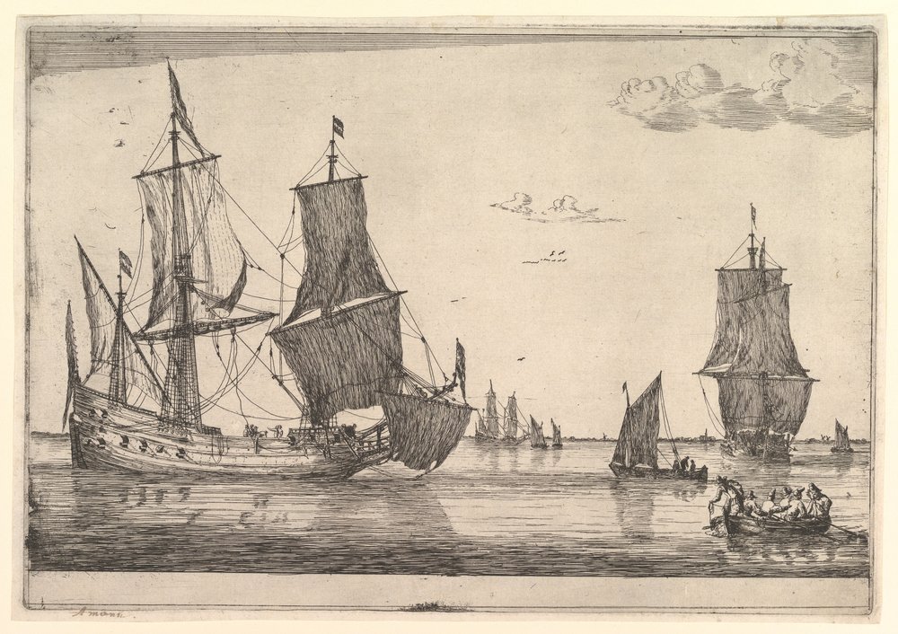 Large Sailing Vessel and Rowing Boat, 17th century