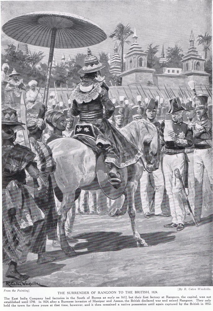 The surrender of Rangoon to the British, 1824, illustration from ...