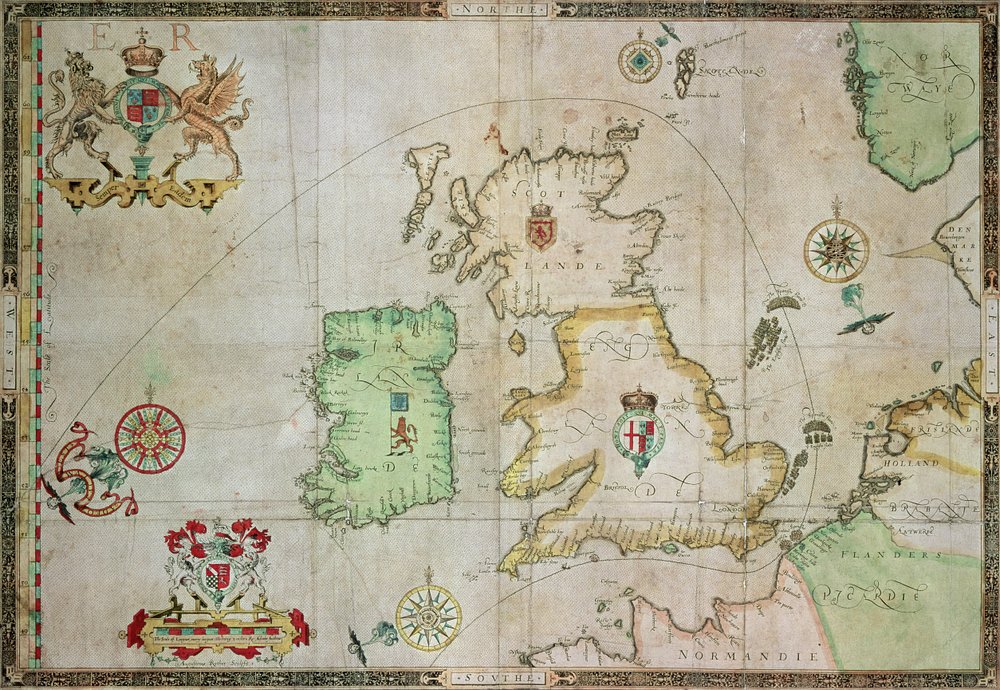Map showing the route of the Armada fleet, engraved by Augustine Ryther