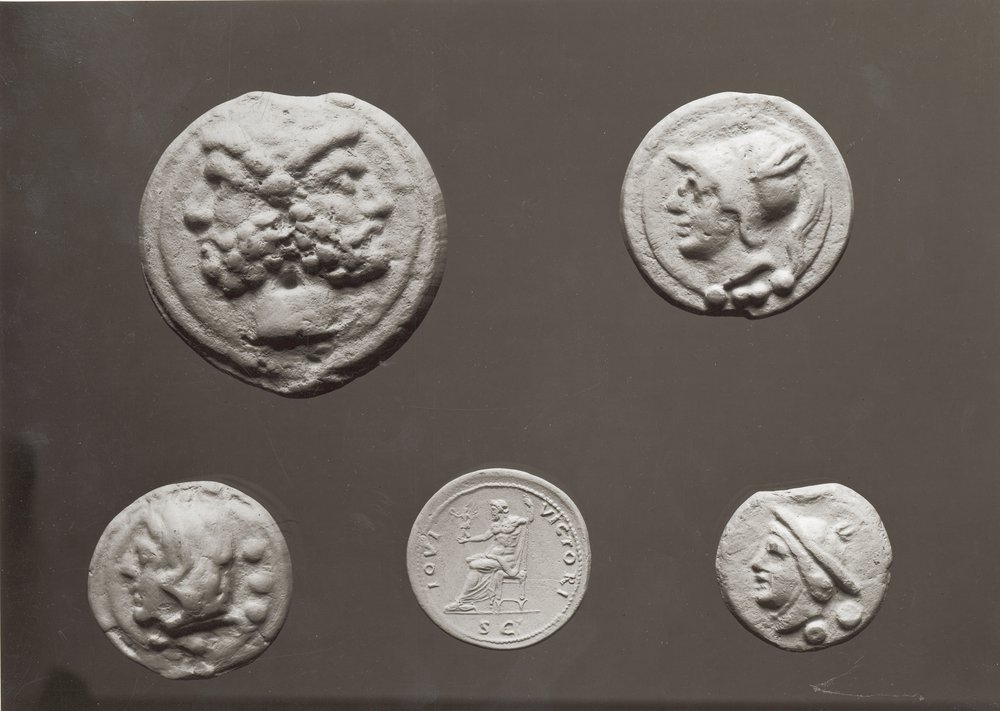 Five coins depicting Janus, Jupiter, Mercury and Minerva, 753 BC-476 AD
