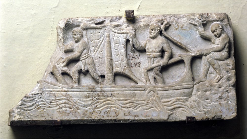 Cover of a sarcophagus with a symbolic representation of a ship named ...