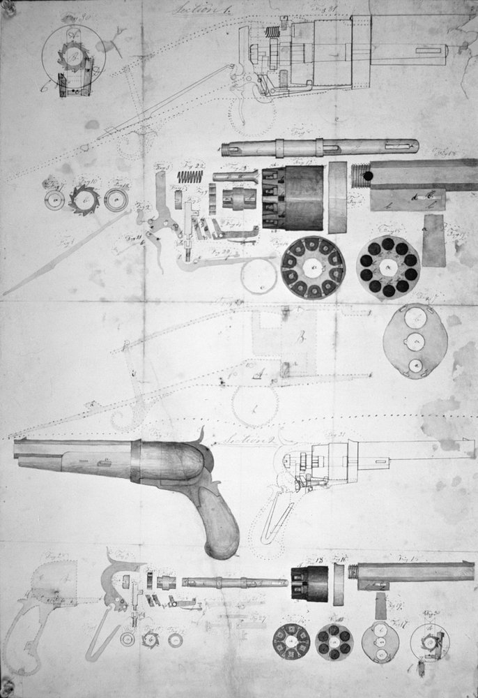 Original plans for a ten-chamber revolver which later became the six ...