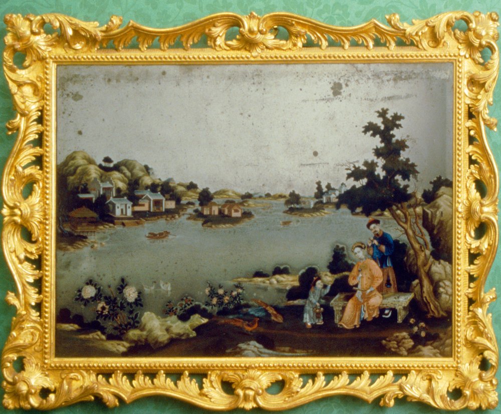 Chinese mirror painting of landscape, music and verse