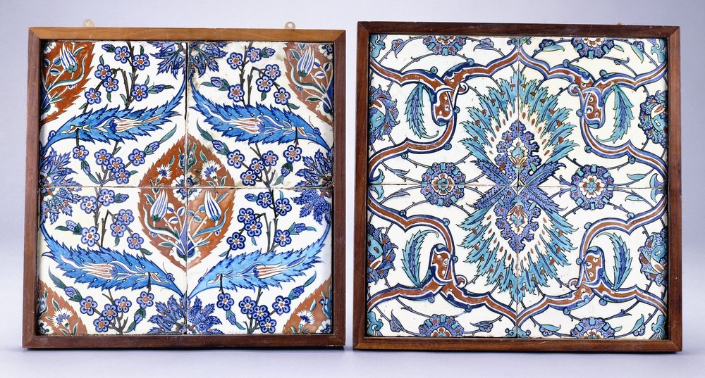 An Iznik tile with plum blossoms and tulips, made circa 1570, and a ...
